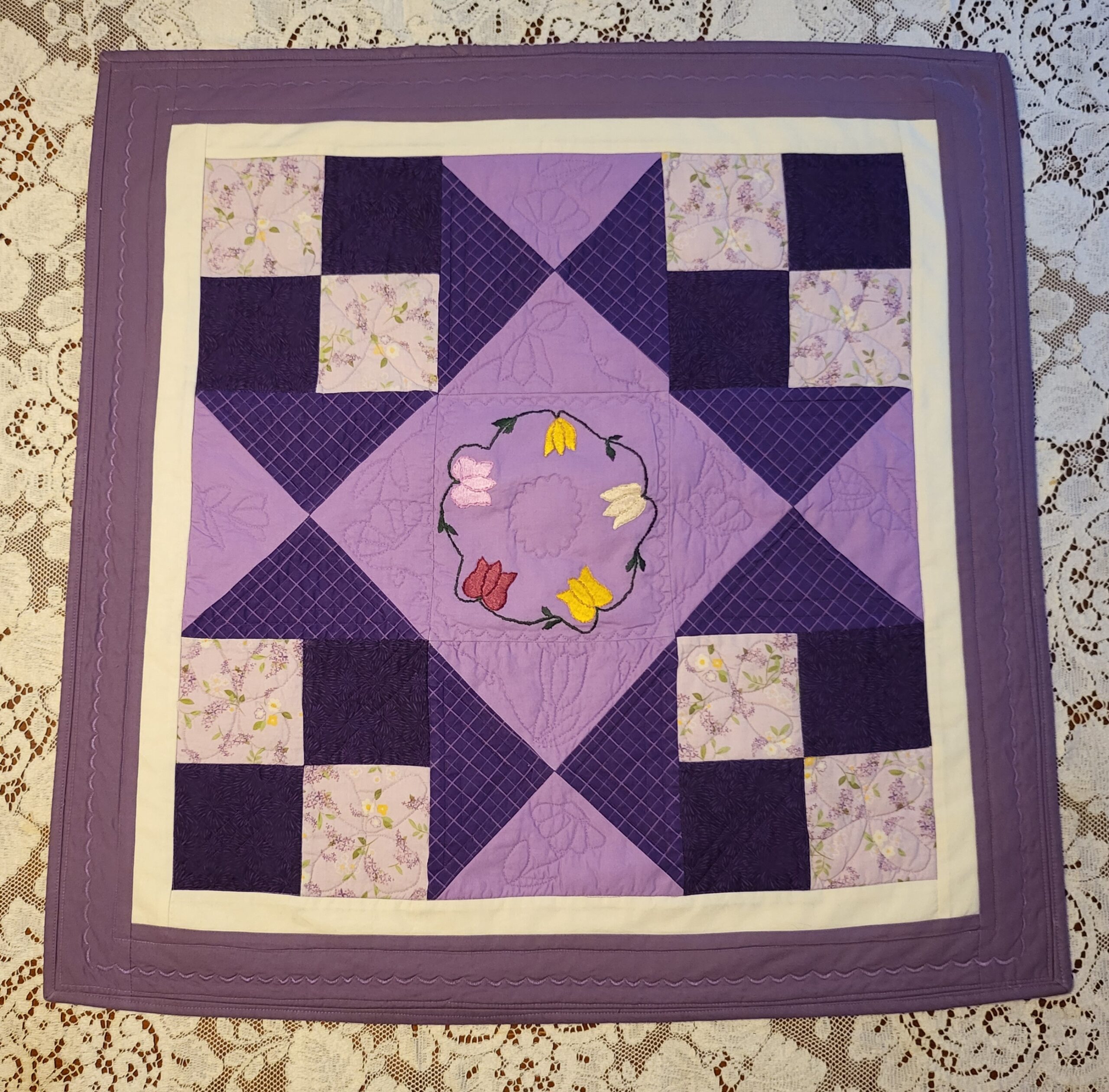 Purple and flowers table topper - Donna's Quilts